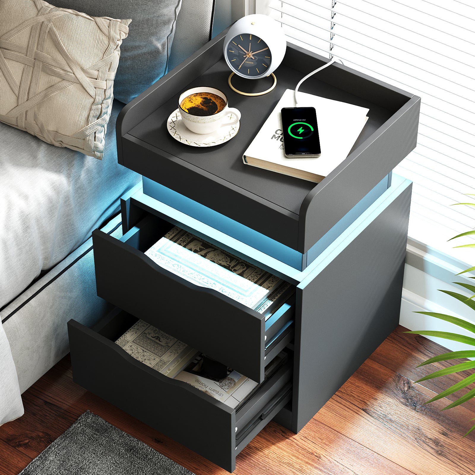 Black Nightstand with Charging Station, LED Smart Nightstand with 3 Hi ...
